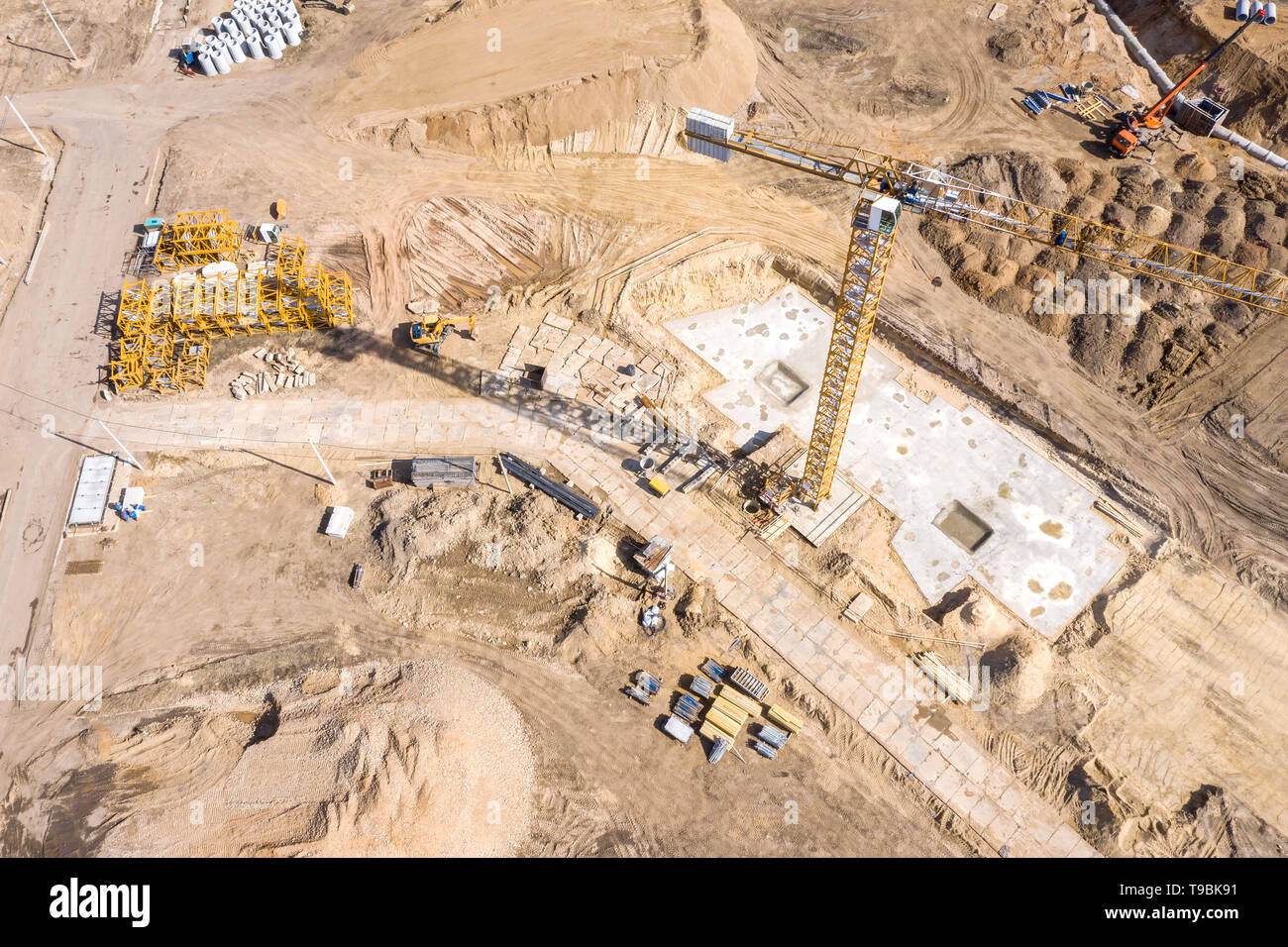 aerial top view of building foundation and construction site. zero ...