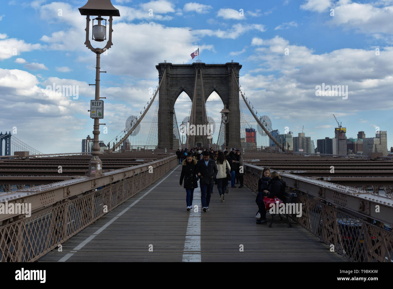 View on pedestrian path and tower of Brooklyn Bridge, New York City ...