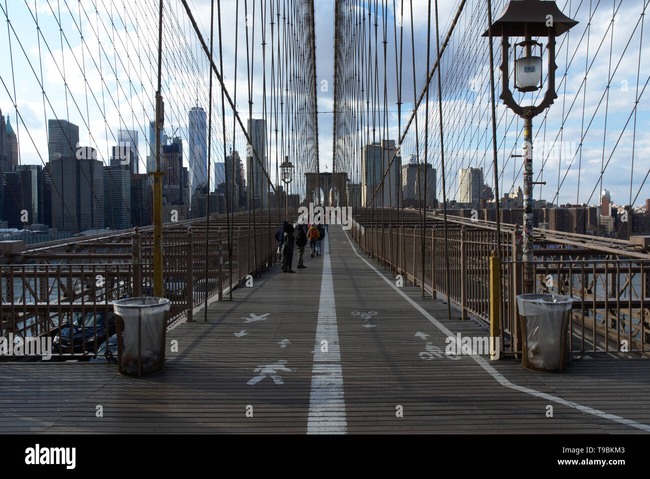 View on pedestrian path and tower of Brooklyn Bridge, New York City ...