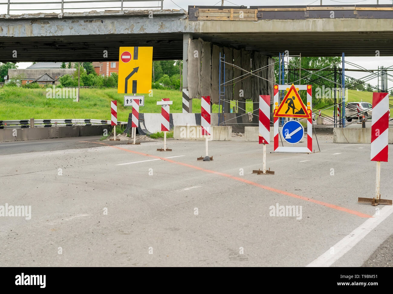 Road signs, detour, repair of the road on the asphalt bypass road near ...
