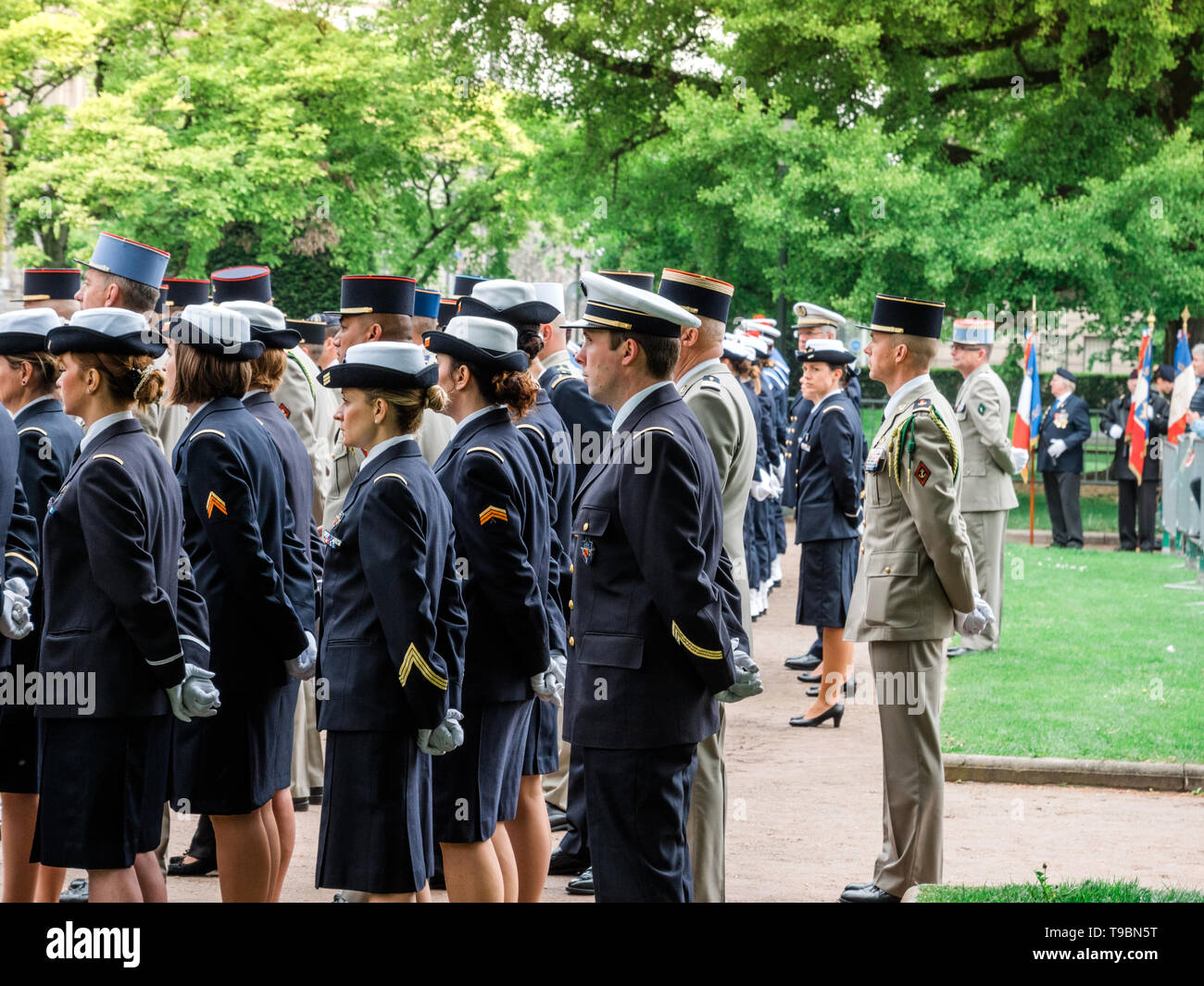 STRASBOURG, FRANCE - MAY 8, 2017: Side view of soldiers in uniforms at ...
