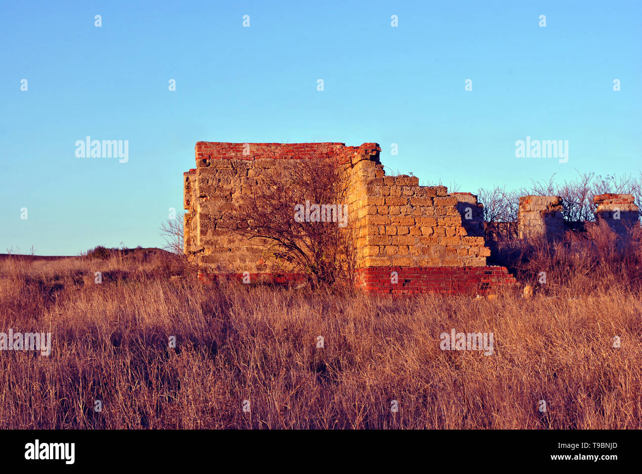 Crimean coquina rock blocks ruined farm wall, dry weathered grass field ...