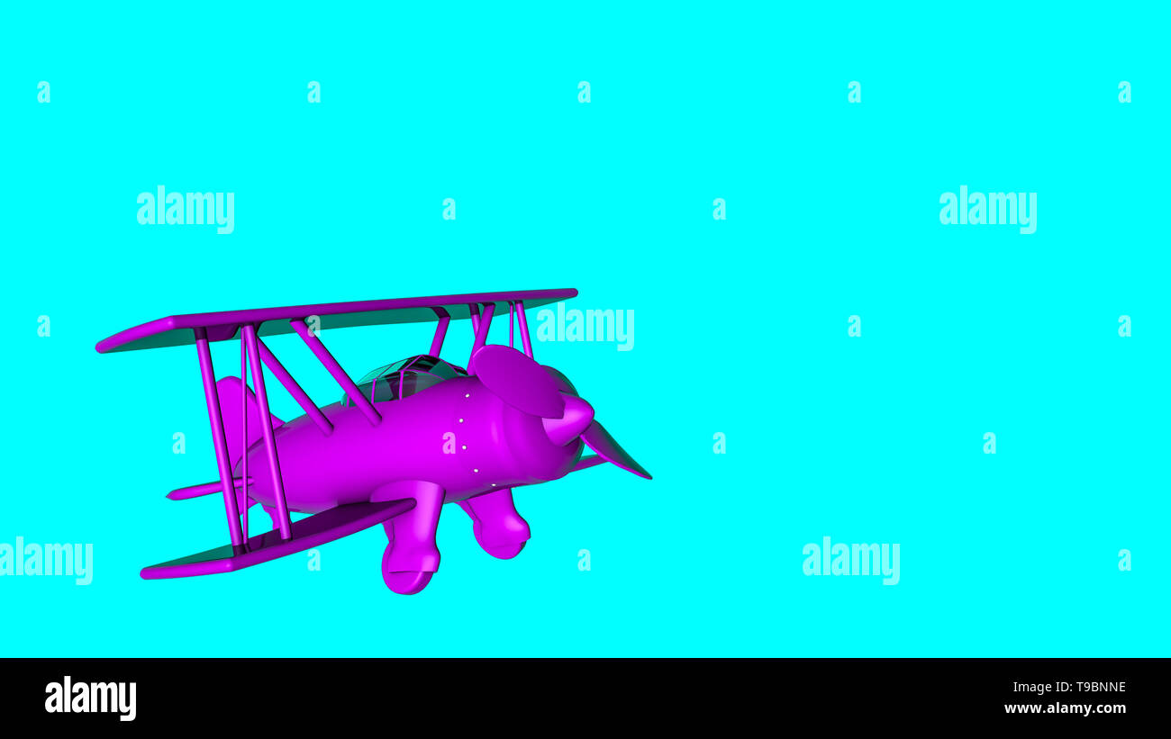 purple airplane on a turquoise background. biplane model. 3D rendering ...