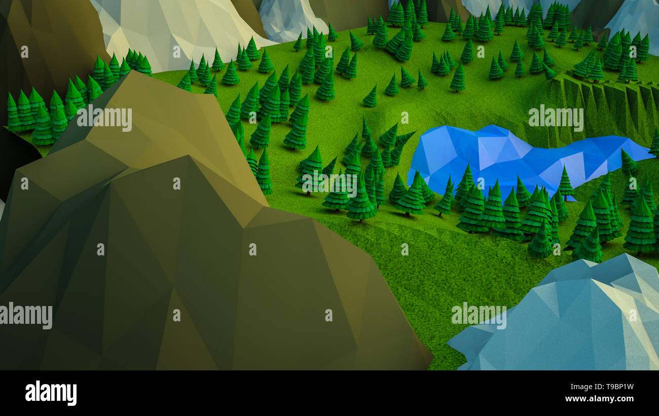 low polygonal trees and mountains. Landscape. Computer graphics. 3D ...