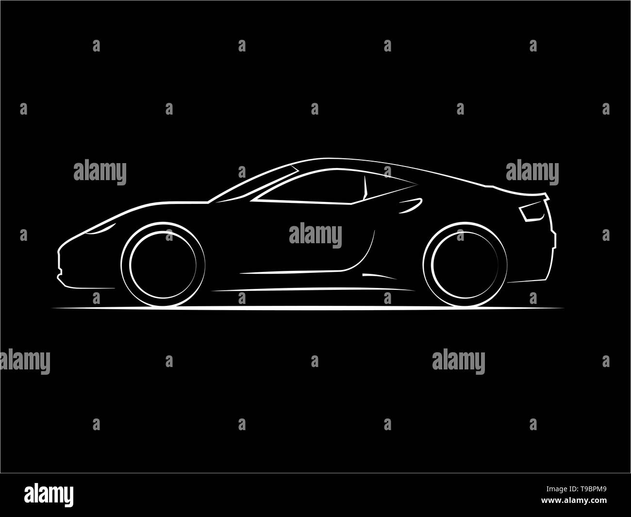 Race car in the dark side view line drawing illustration on black ...