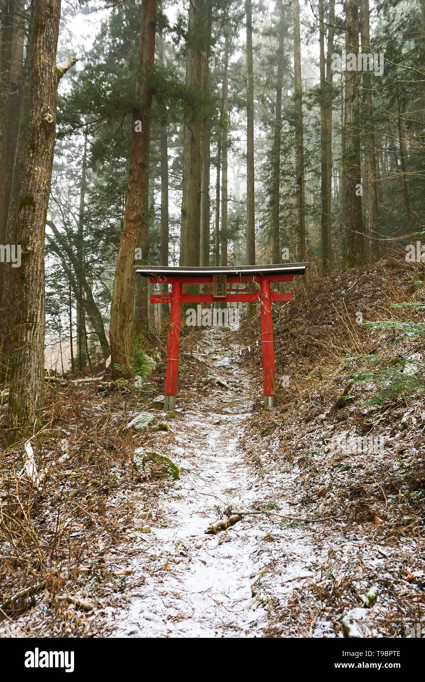 Traditional vermilion red torii gate at Akiba Shrine near Haruna Shrine ...