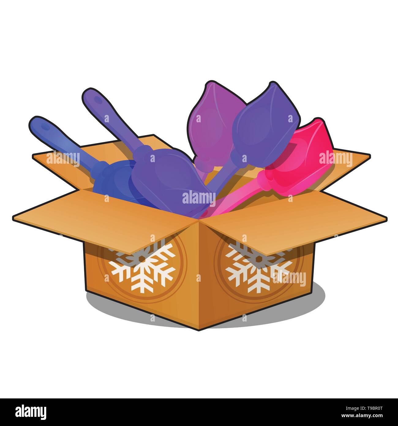 Cardboard box with colored plastic shovels for snow isolated on white ...