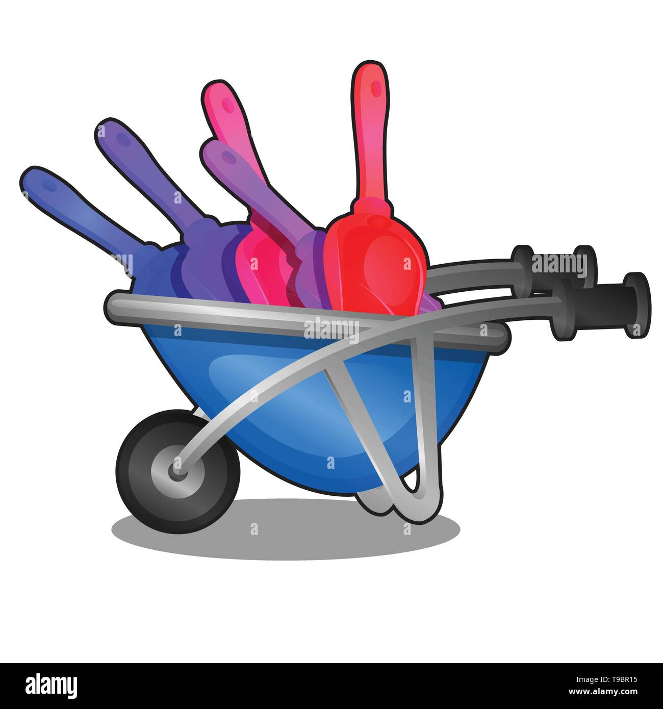 Childrens plastic colored shovels for snow in wheelbarrow isolated on ...