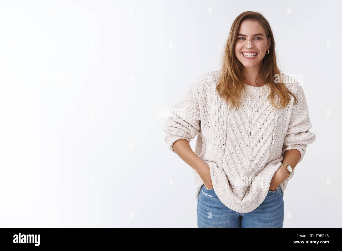 Cute positive enthusiastic charming caucasian woman casually standing ...