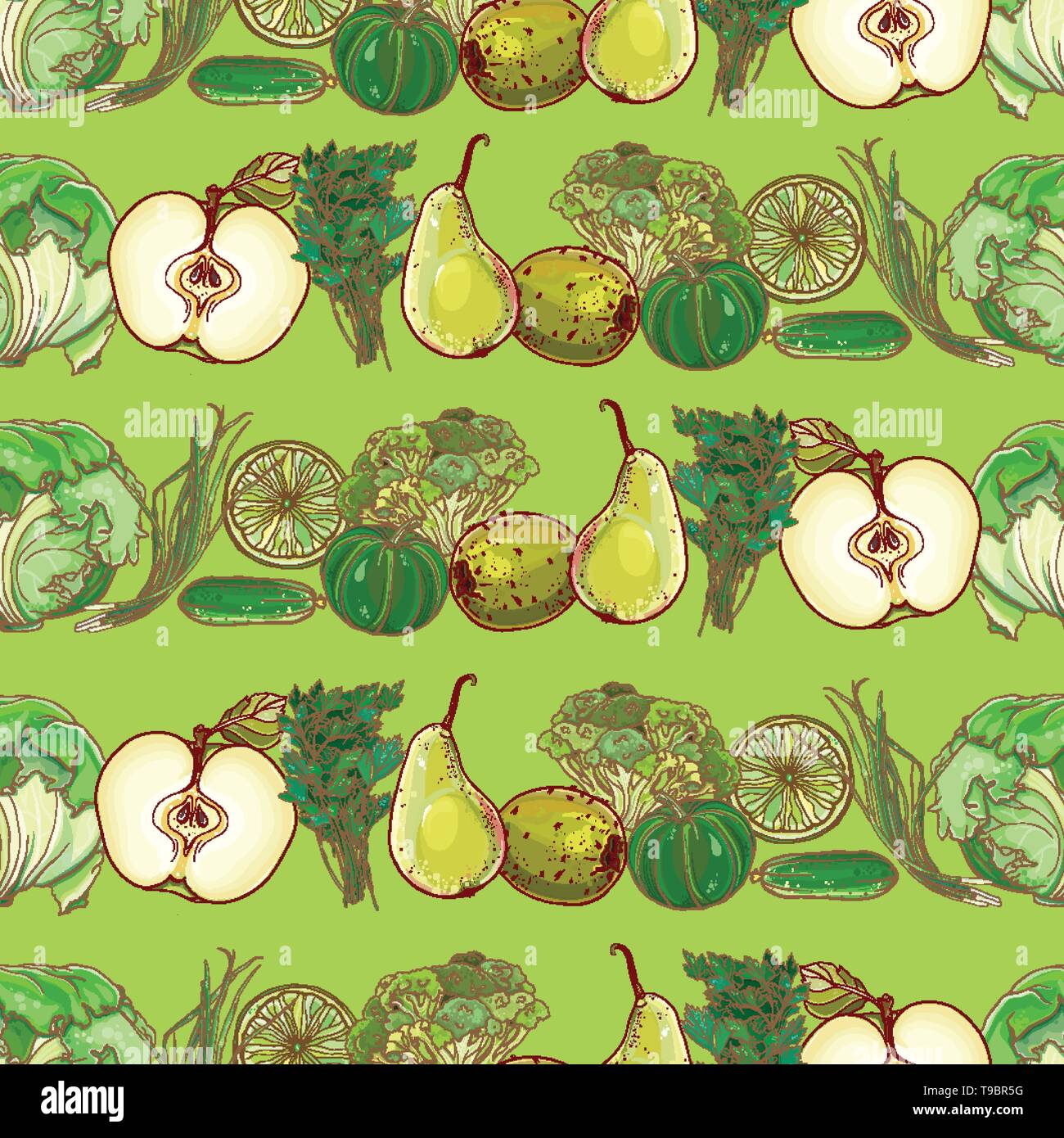 Set of green fruits and vegetables on light green seamless vector ...