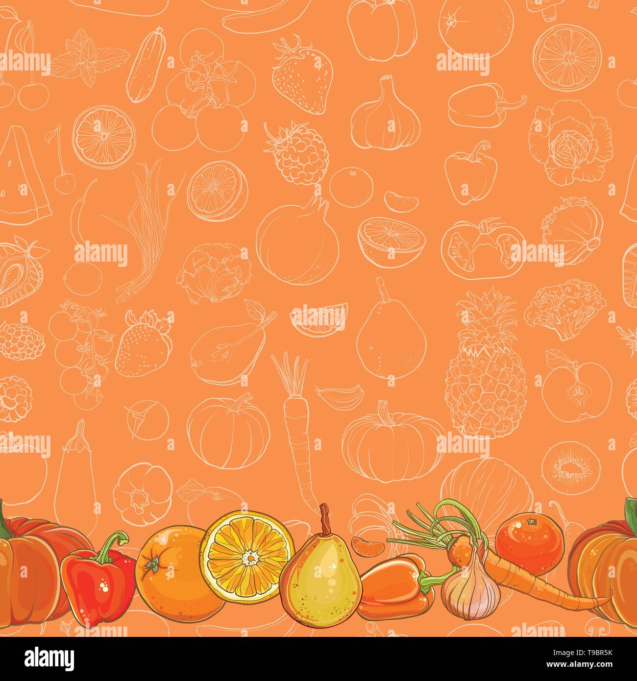 Bright template for design. Set of orange fruits and vegetables on ...