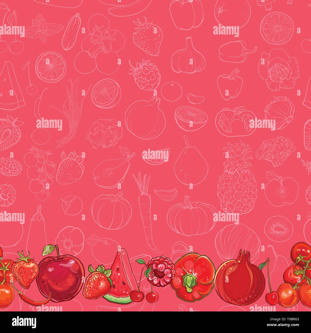 Bright template for design. Set of red fruits and vegetables on light ...