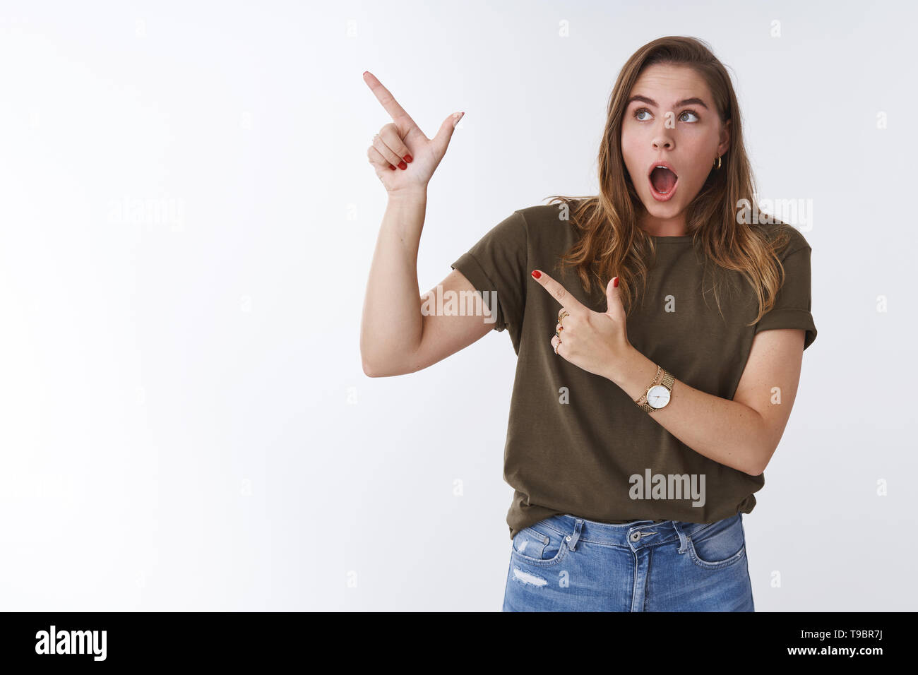 Speechless impressed woman cannot say word stunned excited telling you ...