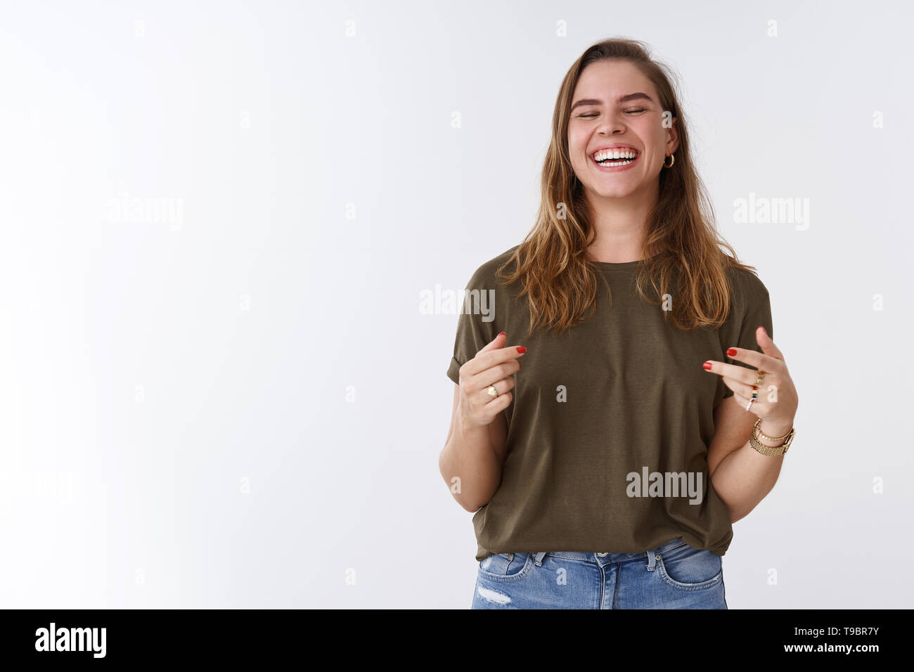 Happiness, delight, wellbeing concept. Attractive carefree charming ...