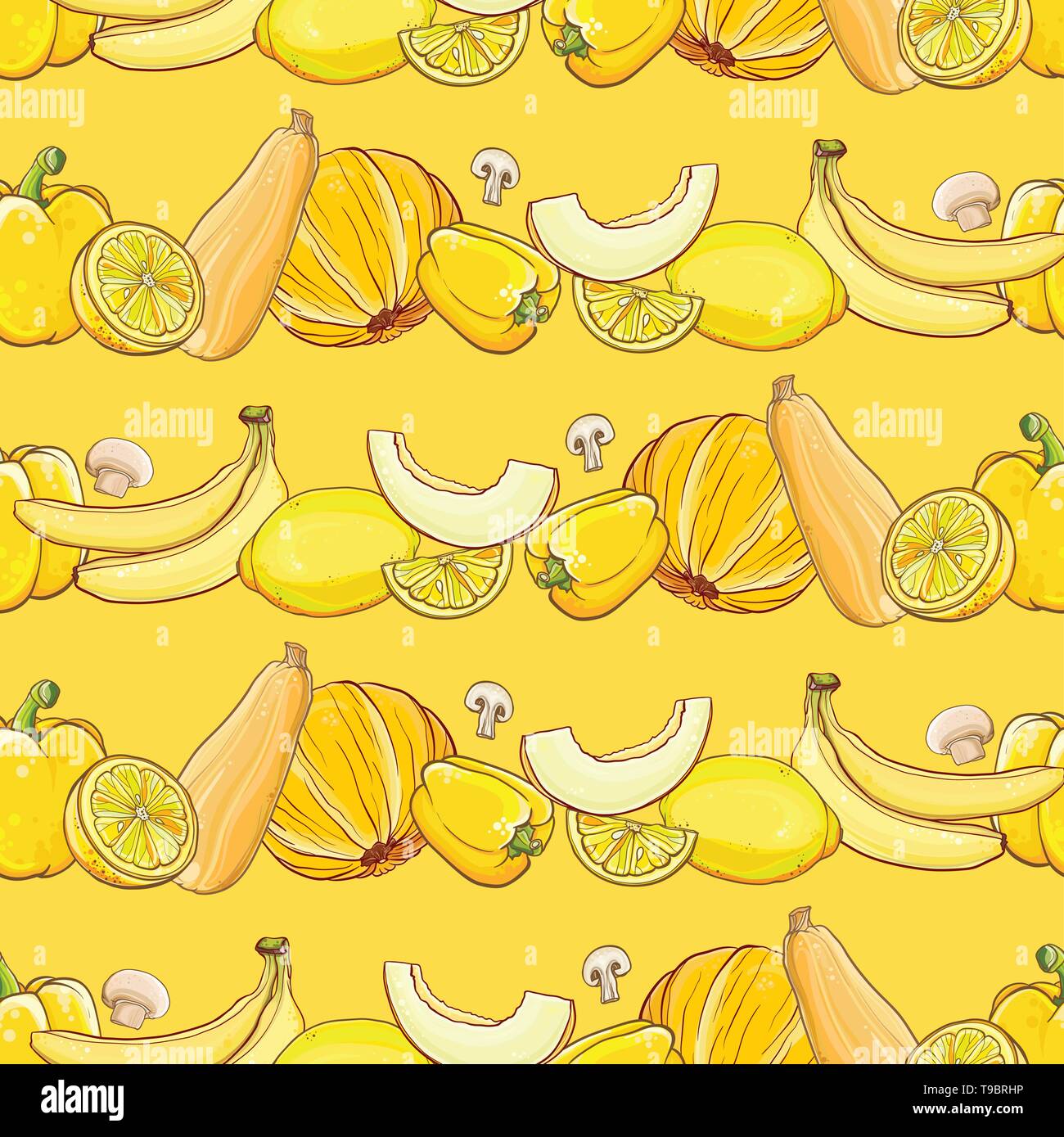 Bright template for design. Set of yellow fruits and vegetables on ...