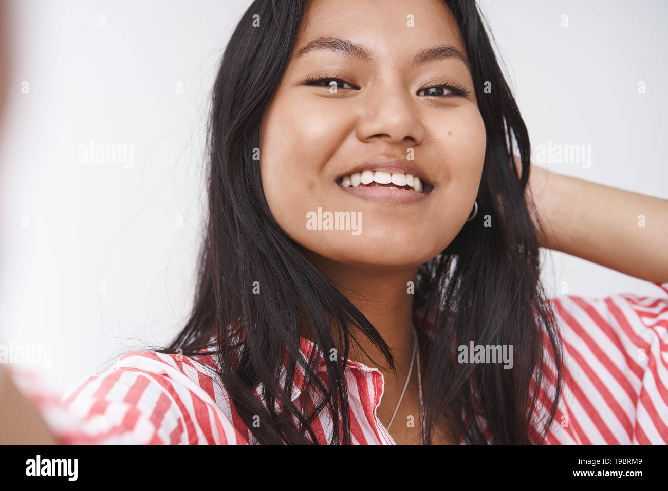 Woman not afraid show true self with acne and flaws. Portrait of ...