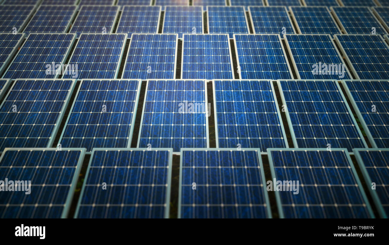 Aerial view of solar or photovoltaic panels field. Green energy 3d ...
