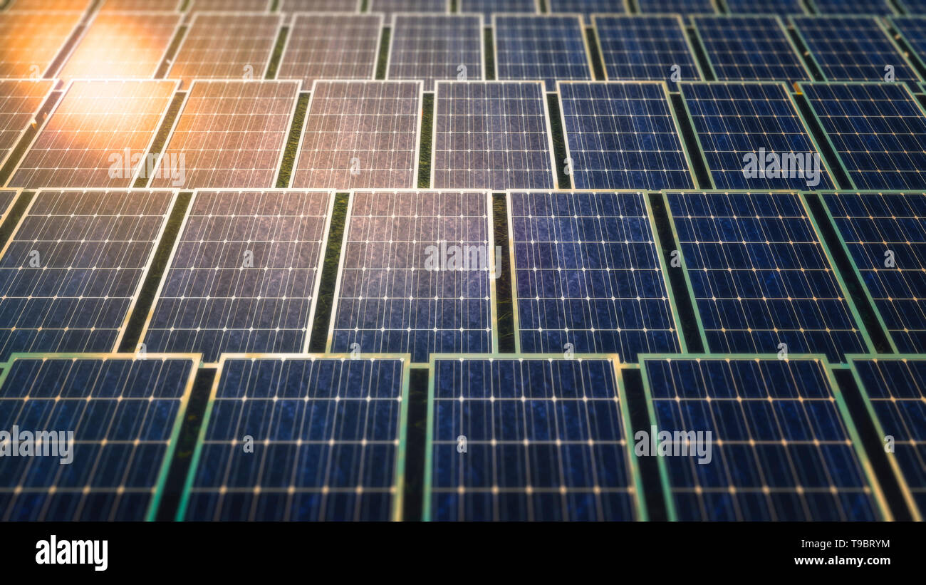 Aerial view of a solar panels field with sun flare. Green energy 3D ...