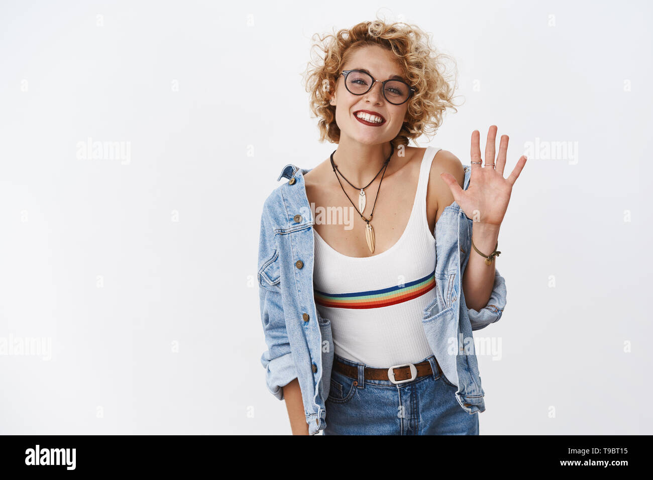 Hey nice to meet you. Portrait of friendly-looking sociable cute ...