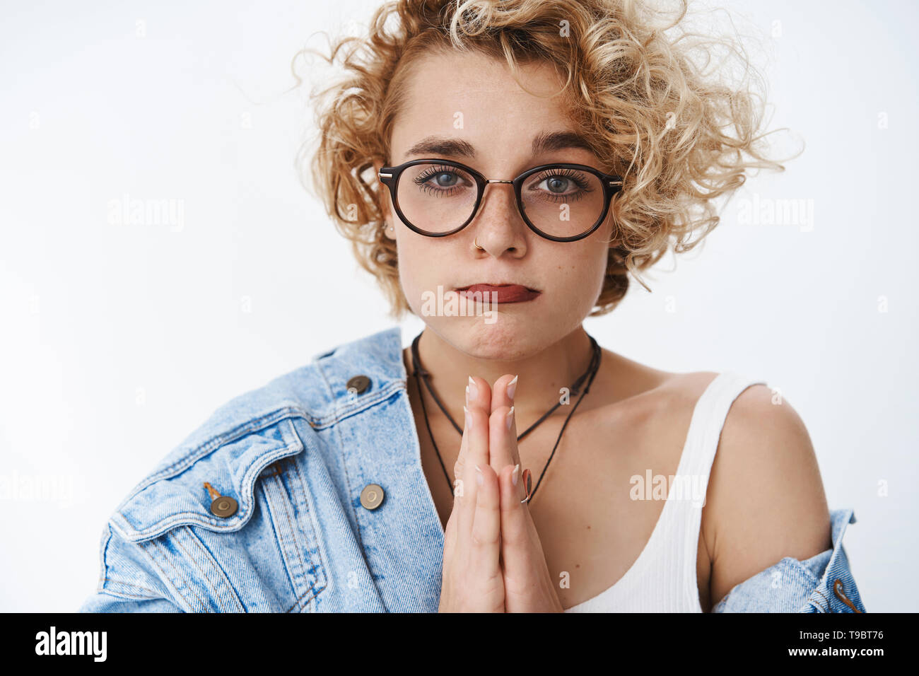 Close Up Shot Of Cute Pouting Girl Begging For Favour Making Silly