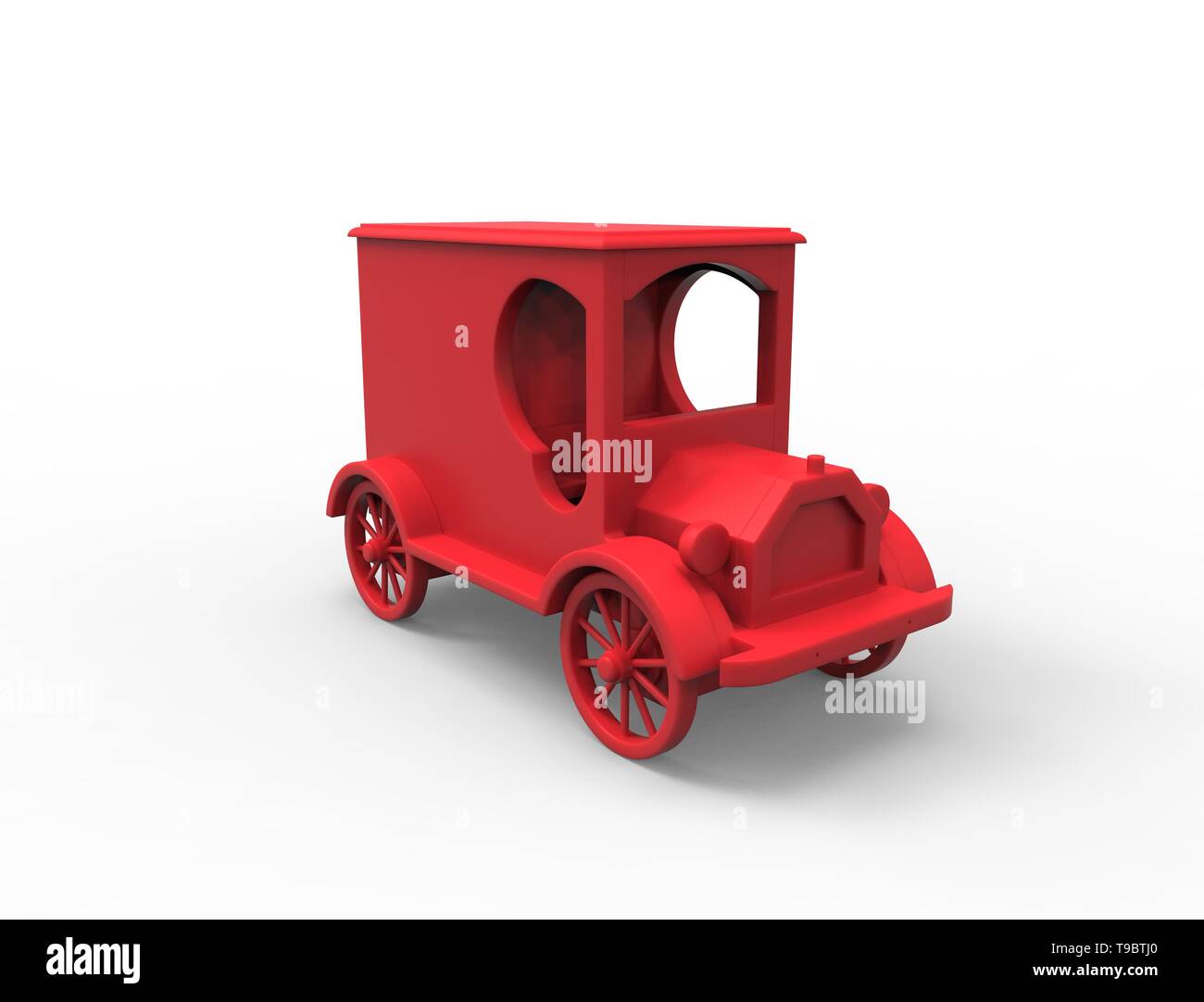 3D rendering illustration of a red classic vintage retro toy mail car ...
