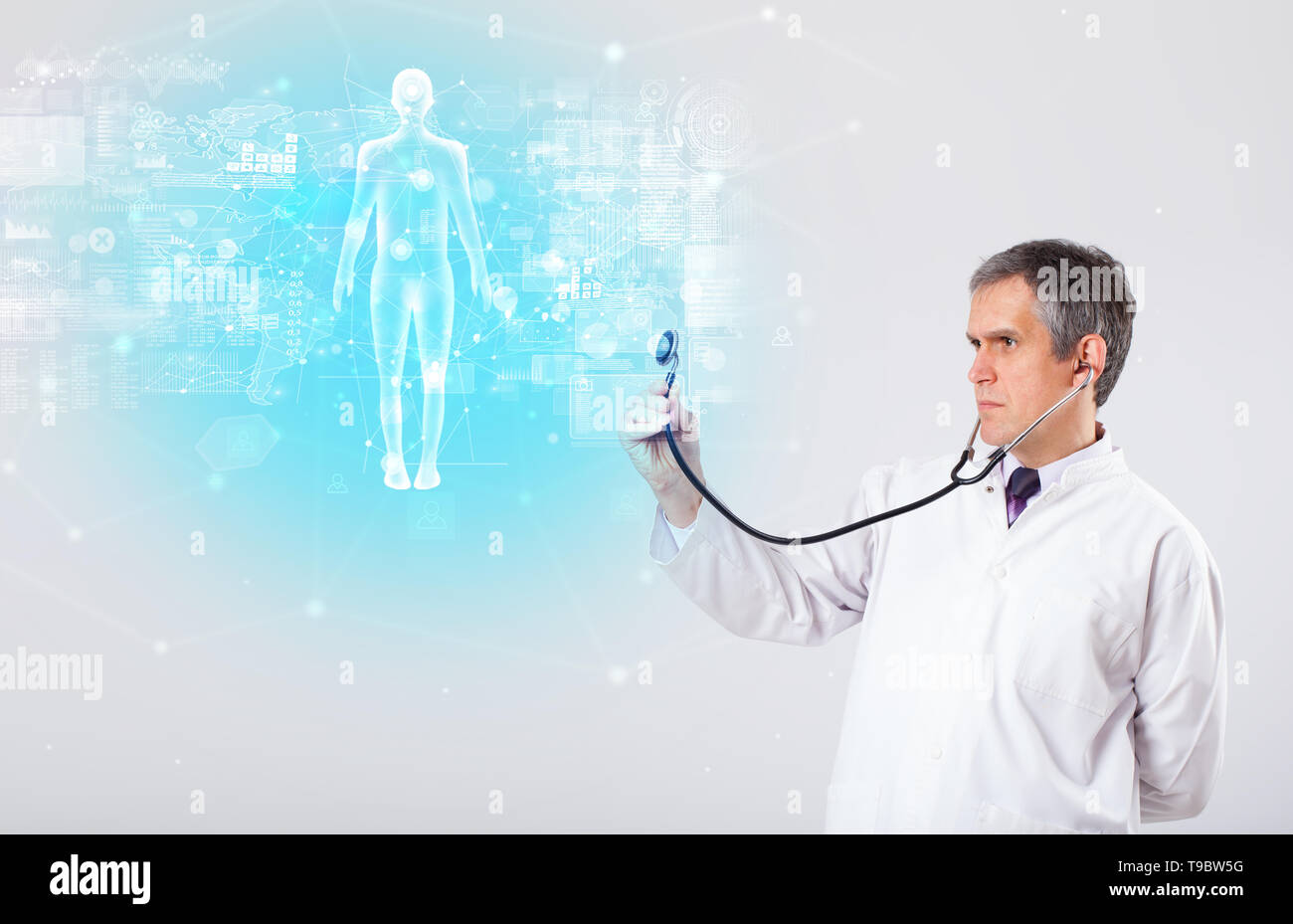 Middle aged scientist with full body map concept Stock Photo - Alamy