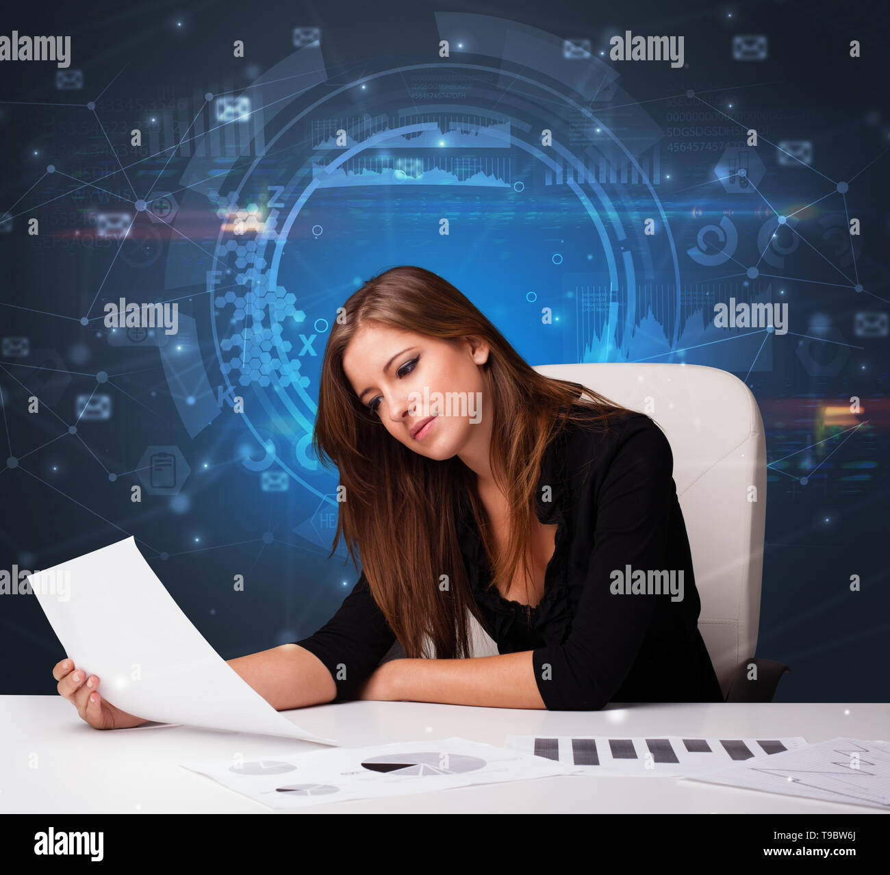 Manager in front of the office desk with connections and teamwork ...