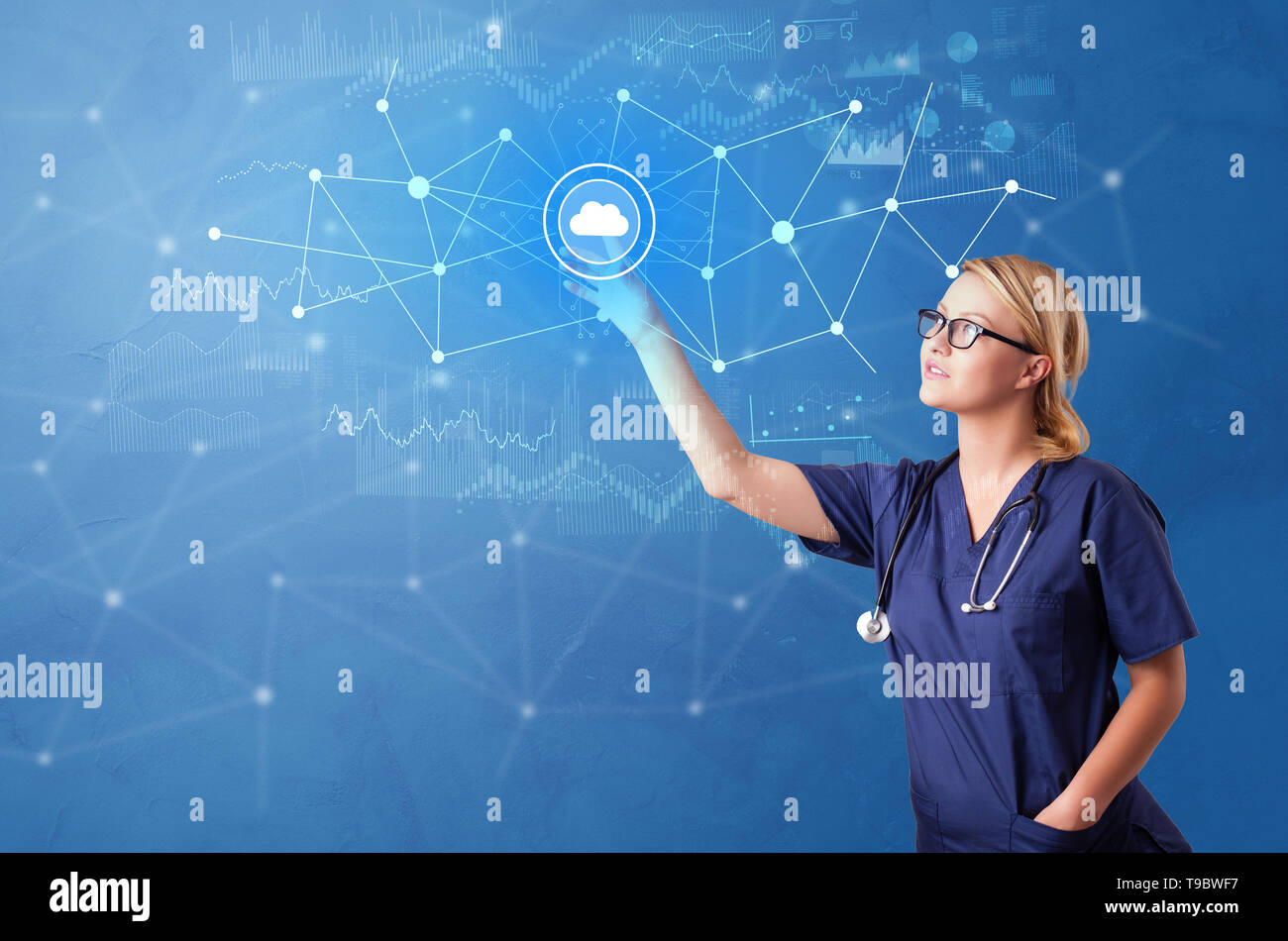 Doctor touching blue screen with virtual hospital concept Stock Photo ...