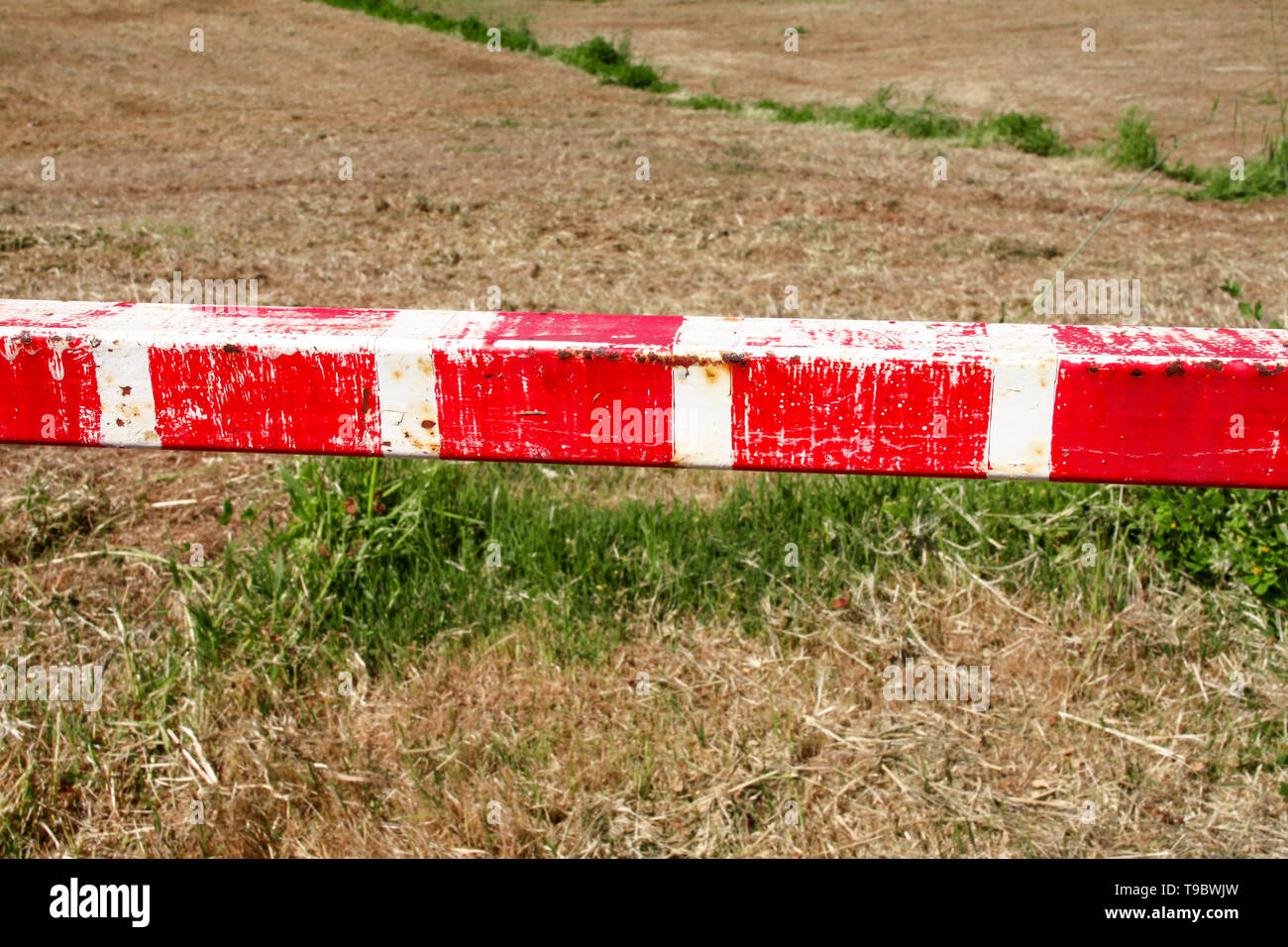 Warning sign, detail of red and white sign barrier on green grass in ...