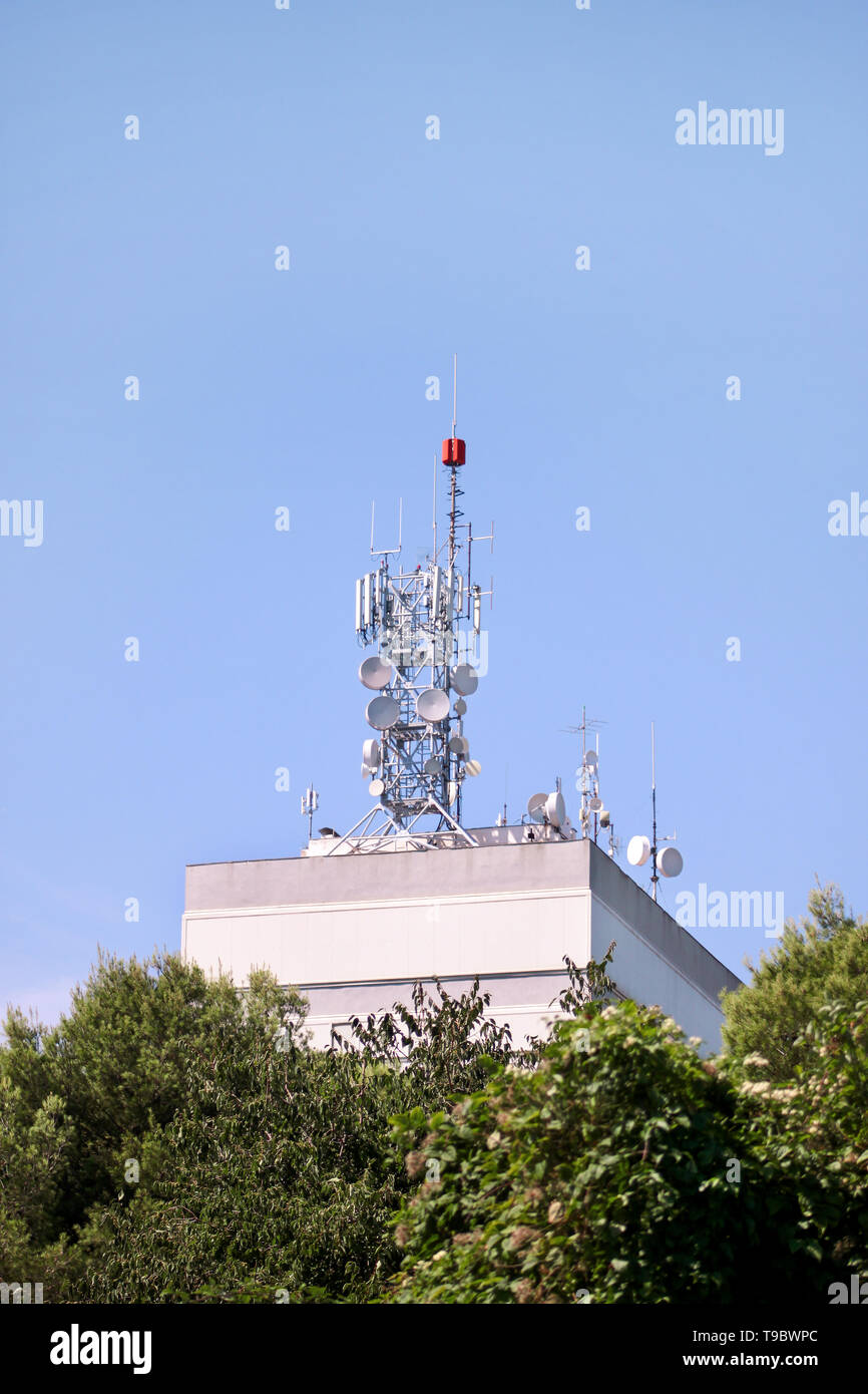 Telecommunication base stations network repeaters on the roof of ...