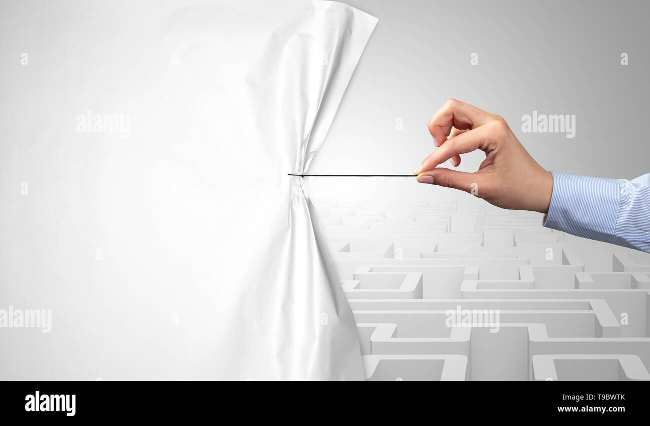 Hand pulling paper curtain, changing scene concept Stock Photo - Alamy