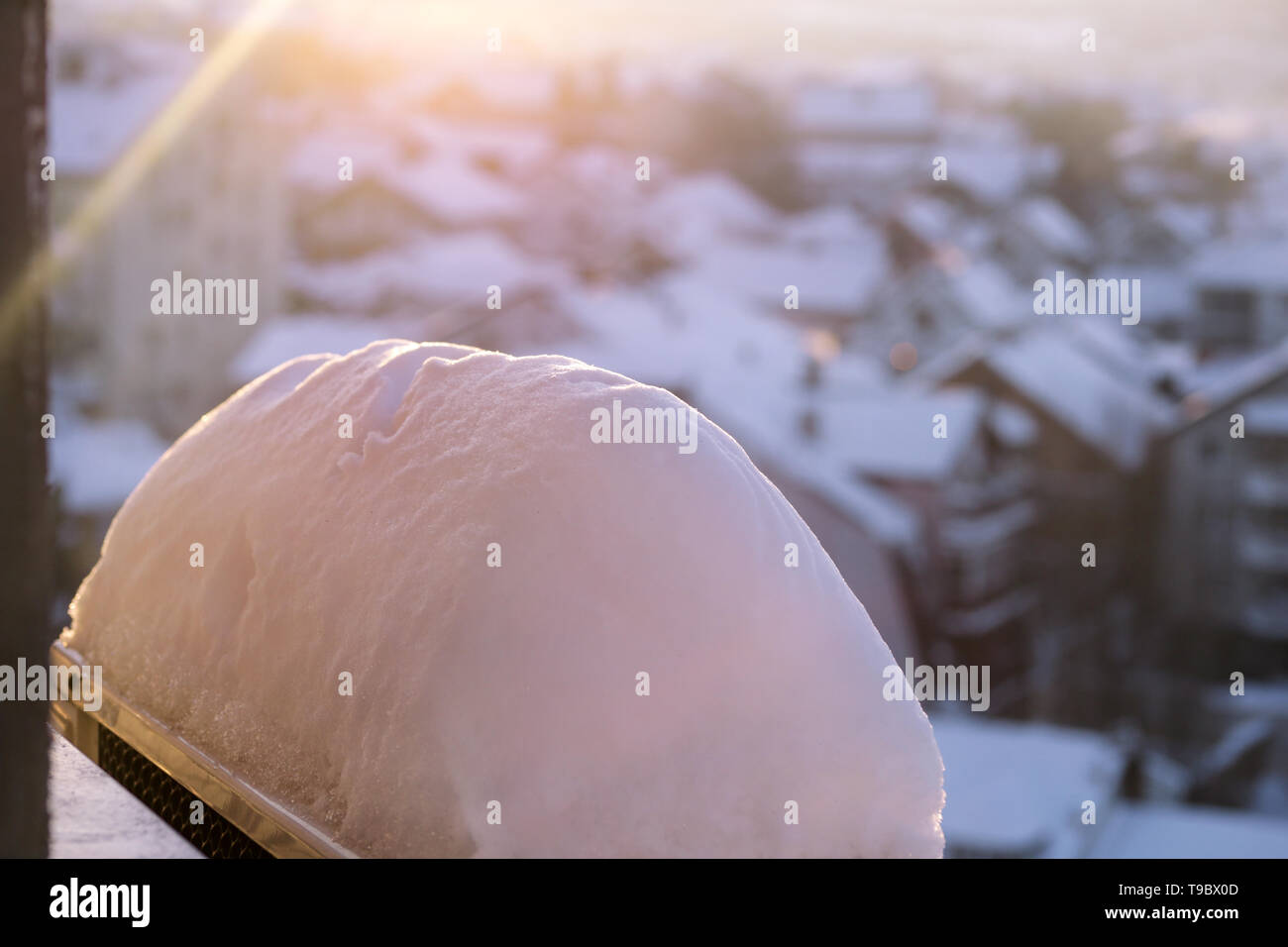 Window of home covered with big snow layer in winter, view from inside ...