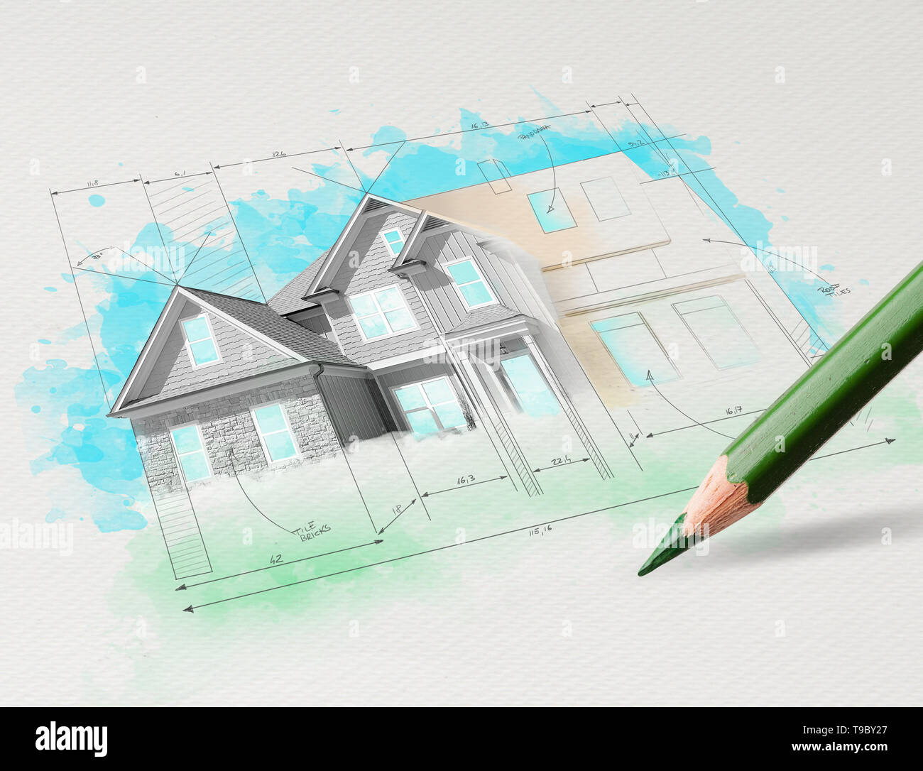 Drawing colored house plan concept Stock Photo - Alamy