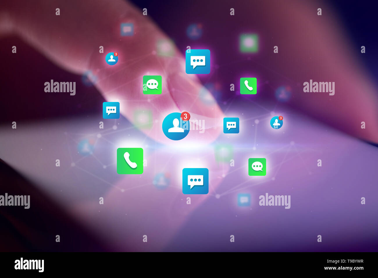 Finger touching phone with friends and contact concept and dark ...
