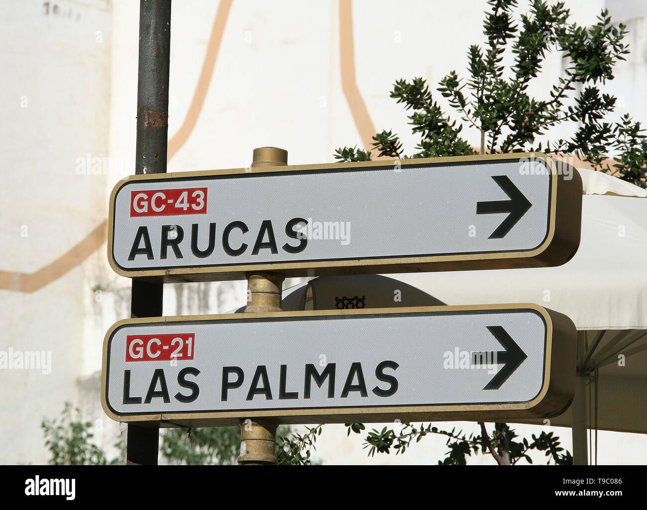 Tourist traffic signs in the hilltop town of Teror in the province of ...