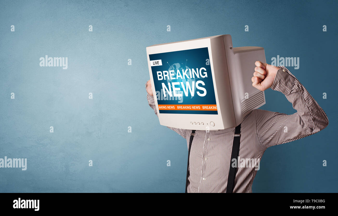 Young person with monitor head, breaking news concept Stock Photo - Alamy