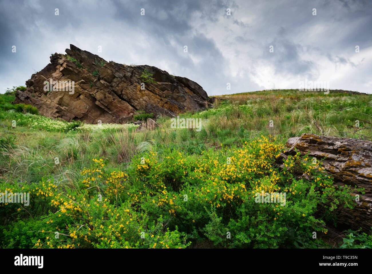 Stone cavern in green steppe landscape view with cloudy sky Stock Photo ...