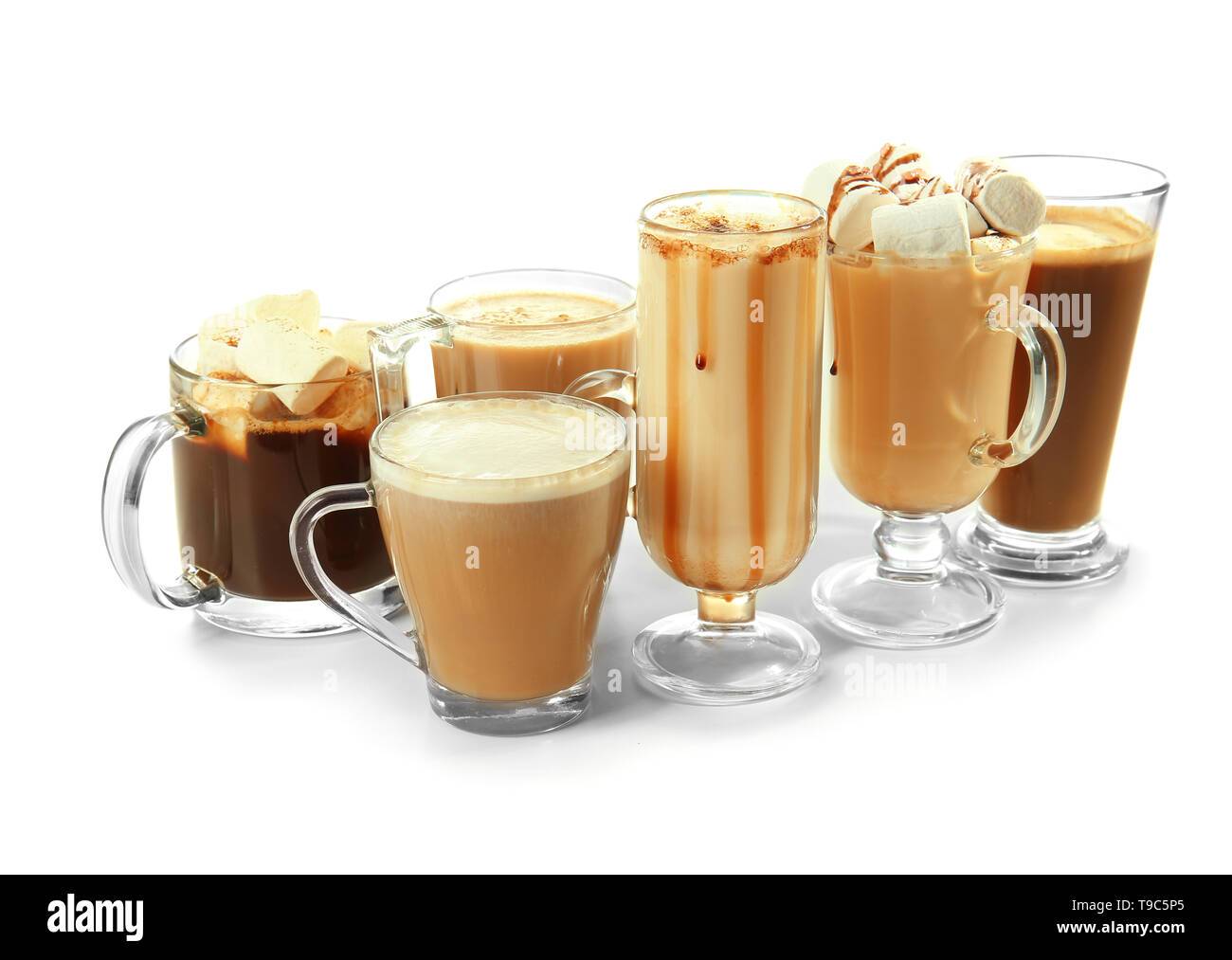 Different kinds of coffee drinks on white background Stock Photo - Alamy