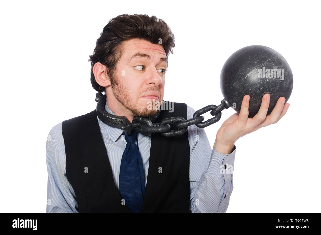 Chained male employee isolated on white Stock Photo - Alamy