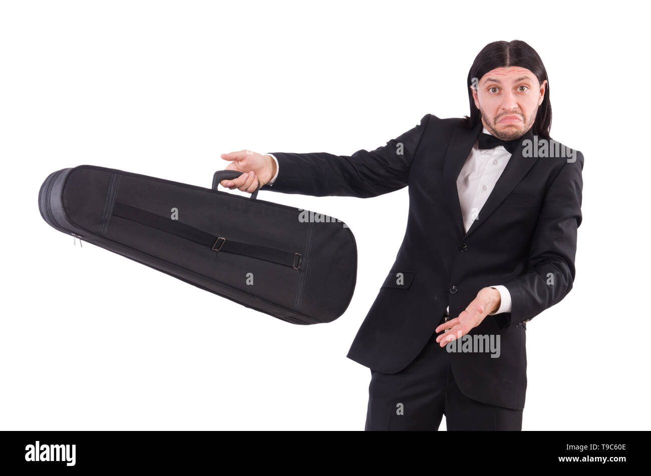 Man with violin case isolated on white Stock Photo - Alamy
