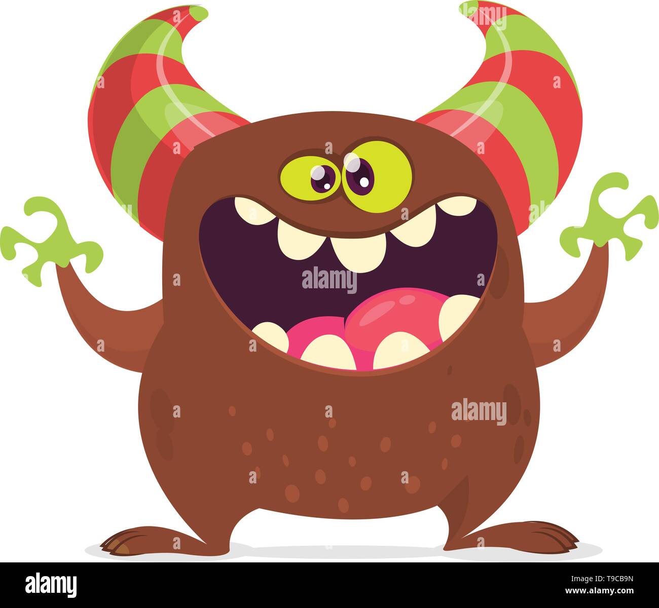 Cool cartoon monster with horns laughing. Vector brown monster ...