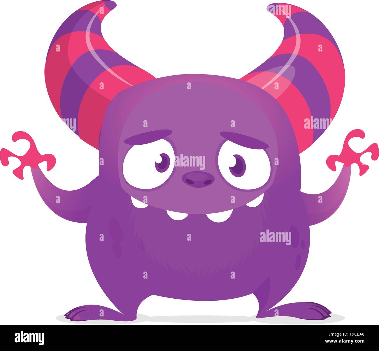 Funny cartoon monster with big smile waving hands. Vector purple ...