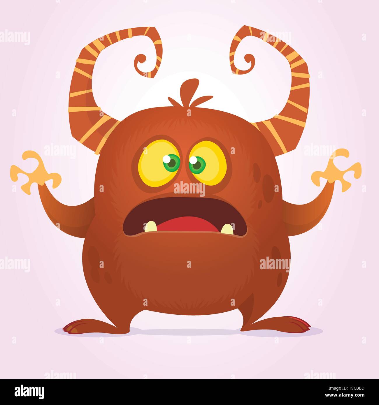 Agry scared cartoon monster with horns. Vector brown monster ...