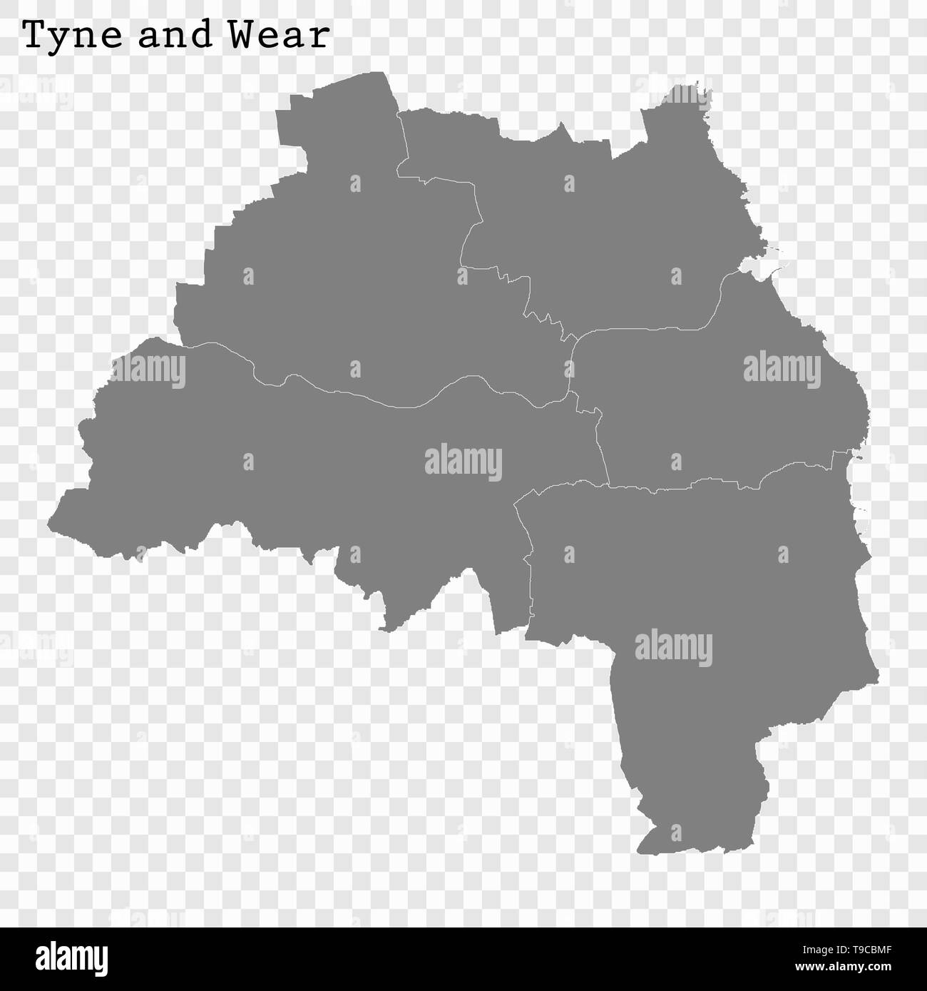 High Quality map of Tyne and Wear is a county of England, with borders ...