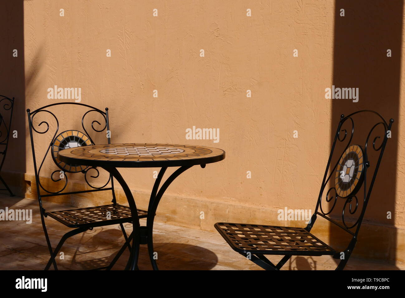 Some coffee chairs and tables in the historic part of Diriyah in Saudi ...