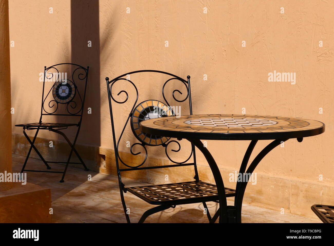 Some coffee chairs and tables in the historic part of Diriyah in Saudi ...