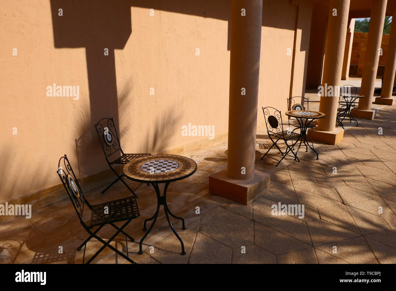 Some coffee chairs and tables in the historic part of Diriyah in Saudi ...