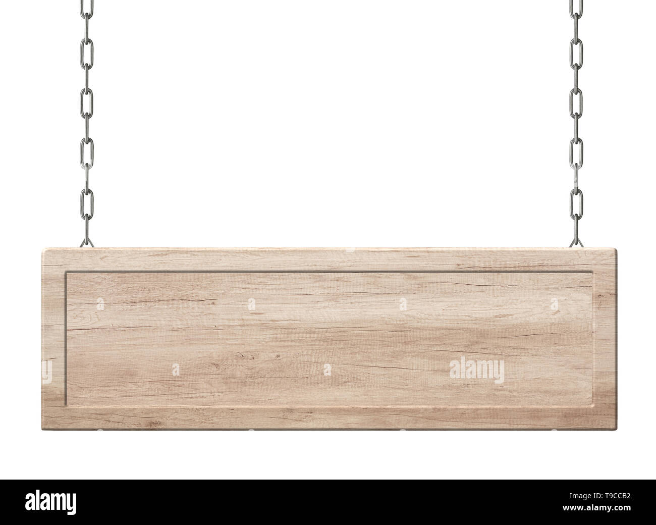 Empty oblong sign with frame made of light wood hanging on chains ...