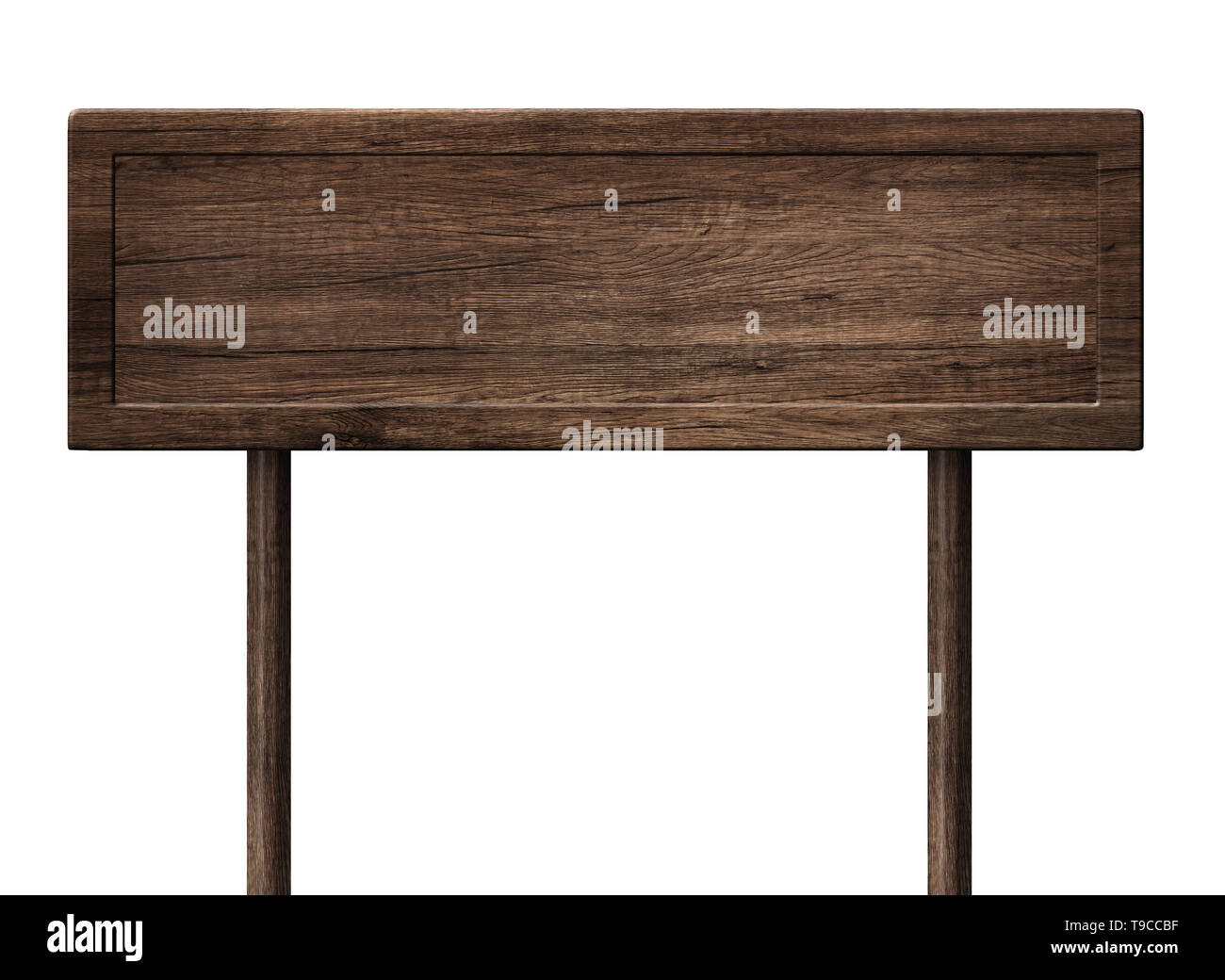 Empty oblong pole sign with frame made of dark wood. Isolated on white ...