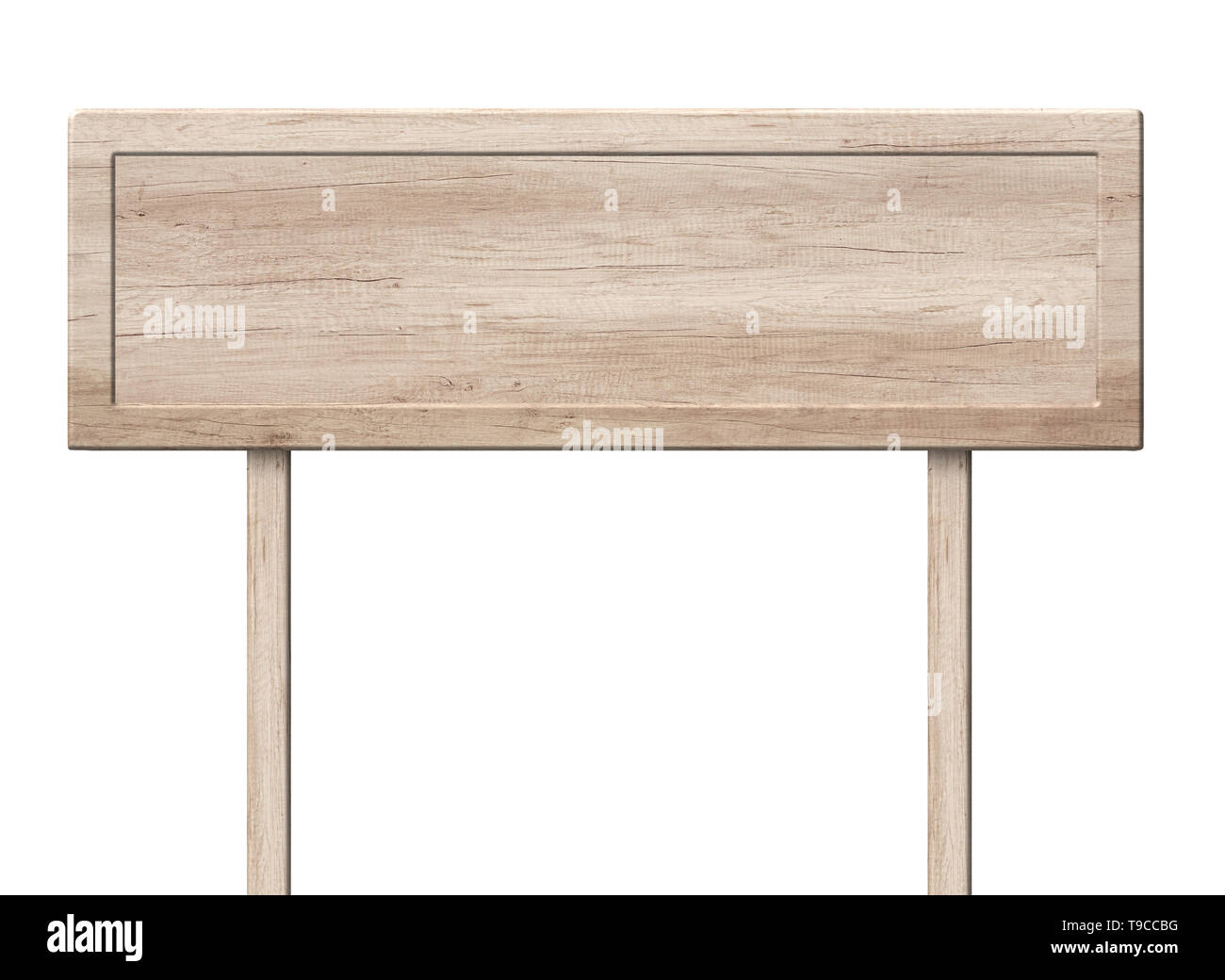 Empty oblong pole sign with frame made of light wood. Isolated on white ...